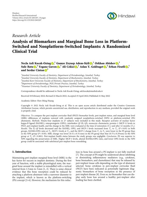 Pdf Analysis Of Biomarkers And Marginal Bone Loss In Platform Switched And Nonplatform
