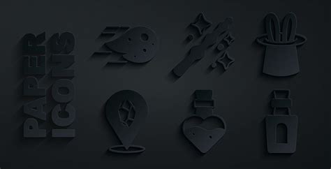 물약 마술사 모자와 토끼 귀 돌 지팡이와 불덩어리 아이콘병 을 설정합니다 벡터 3차원 형태에 대한 스톡 벡터 아트 및 기타 이미지 3차원 형태 건강관리와 의술 검은색