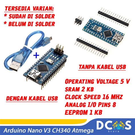 jual arduino nano v3 ch340 clone atmega328p solderless dengan kabel