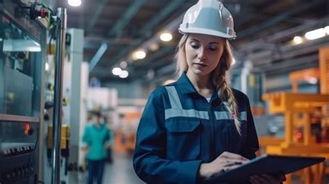 Premium Photo A Female Industrial Electrical Engineer Checks And Maintains Cnc Machines In A