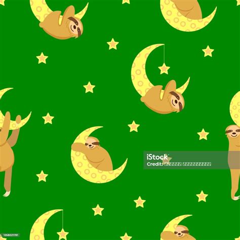 매끄러운 패턴 노란 초승달에 매달려있는 아기 나무늘보 달과 별 녹색 배경입니다 귀엽고 재미있습니다 만화 스타일 안녕히 주무세요 키즈 침실 엽서 벽지 섬유 포장지 갈색에 대한