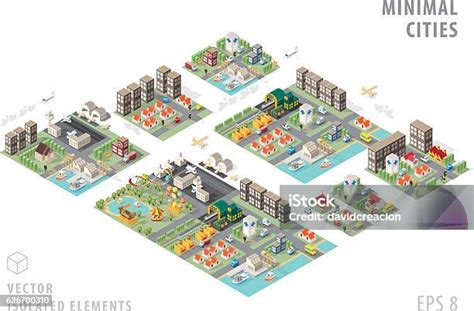 Set Of Isolated Isometric Minimal City Maps向量圖形及更多等軸測投影圖片 等軸測投影 城市