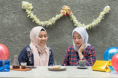 Two Hijab Bestfriend Preparing Birthday Surprise Party Sitting Together