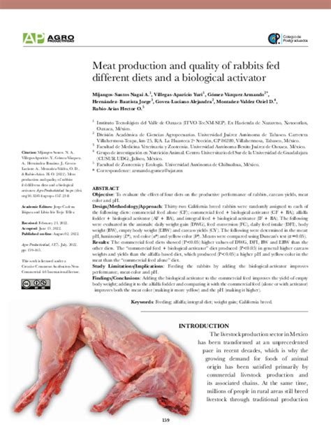 Pdf Meat Production And Quality Of Rabbits Fed Different Diets And A Biological Activator