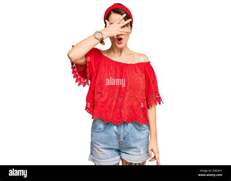 Young Brunette Woman With Short Hair Wearing Casual Summer Clothes And