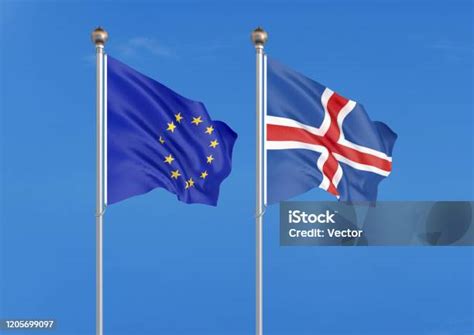 3d 일러스트레이션 유럽 연합 과 아이슬란드의 두꺼운 색의 부드러운 깃발 개념에 대한 스톡 사진 및 기타 이미지 개념 경제 국가 관광명소 Istock