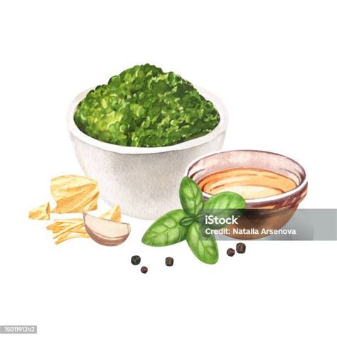 파마산 치즈 바질 잎 마늘 후추를 블렌딩하여 만든 이탈리아 제노바 현지 허브 페스토 소스의 수채화를 그릇에 담습니다 흰색 배경에 분리된 손으로 그린 그림 건강한 식생활에