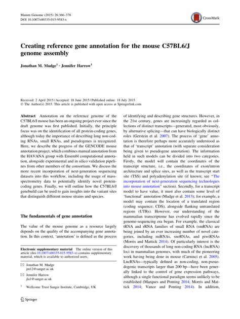PDF Creating Reference Gene Annotation For The Mouse C57BL6 J Genome
