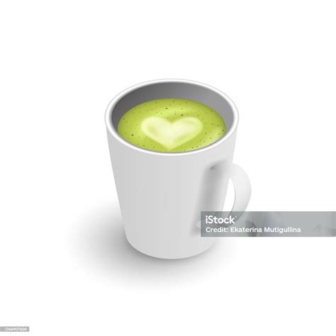 뜨거운 향기로운 녹색 일본 차 말차 라떼 음료의 현실적인 3d 컵 흰색 배경에 격리 된 찻잔 등색 보기입니다 웹 디자인 메뉴 앱 광고에 대한 벡터 일러스트레이션 마카차에