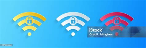 剪紙 Wifi 鎖定標誌圖示隔離在藍色背景上密碼 Wifi 符號無線網路圖示wifi 區域紙藝術風格向量向量圖形及更多互聯網圖片 Istock