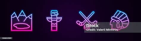 세트 라인 캐나다 호수 토템 폴 아이스 하키 스틱과 퍽과 아메리카 원주민 인디언 빛나는 네온 아이콘 벡터 북미 원주민 민족에