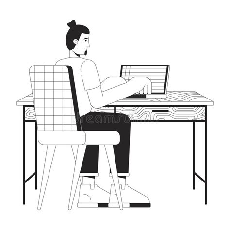 Man Working On Laptop Black And White 2d Line Cartoon Character Stock Vector Illustration Of