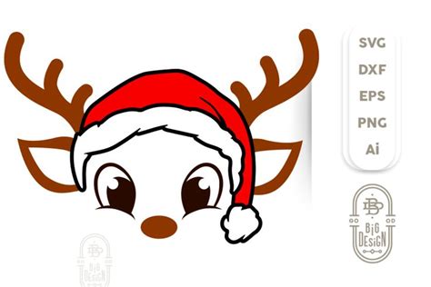 Christmas Svg Reindeer Svg Cute Reindeer With Santa Hat By Big
