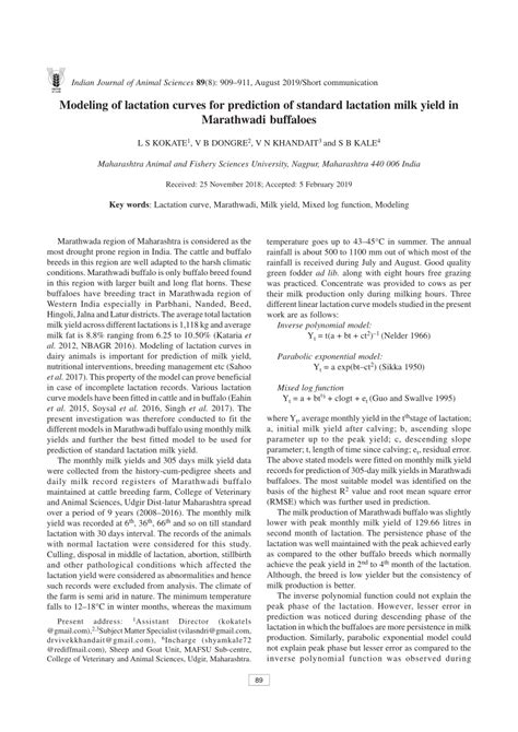 Pdf Modeling Of Lactation Curves For Prediction Of Standard Lactation