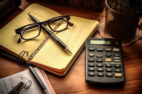 Premium Ai Image A Calculator Glasses And A Pen Sit On A Desk Next To A Notebook