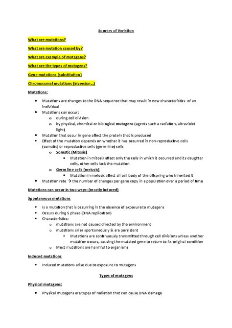 Sources Of Variation Lecture Notes Sources Of Variation What Are Mutations What Are