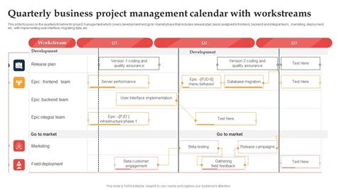 Quarterly Business Project Management Calendar With Workstreams Ppt Ideas Influencers Pdf