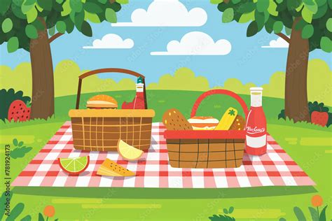 여름 공원에서 잔디에 담요에 음식 음료와 피크닉 바구니의 평면 디자인 벡터 일러스트 Illustration Stock