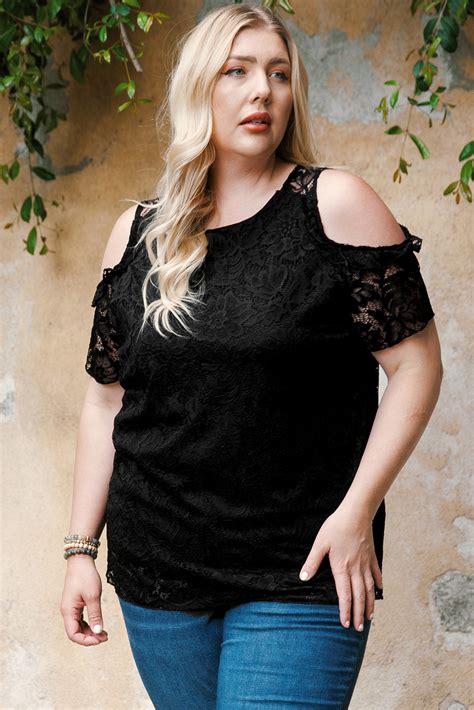 1197 Black Floral Lace Cold Shoulder Plus Size Top Dsdear