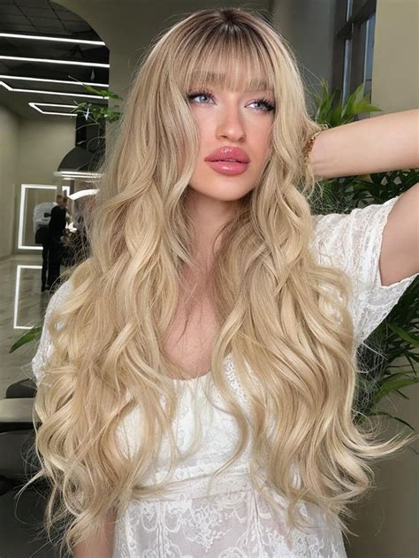 Orsuncer Blonde Wig With Bangs Long Wavy Curly Ombre Blonde Wig Natural