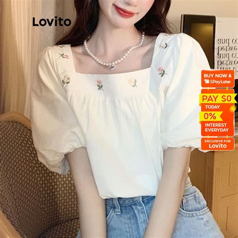Lovito Casual Floral Embroidery Short Sleeves Blouse For Women LNE05098 White Shopee Singapore