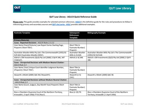 Aglc4 Quickguide Guide For Citations Qut Law Library Aglc4 Quick
