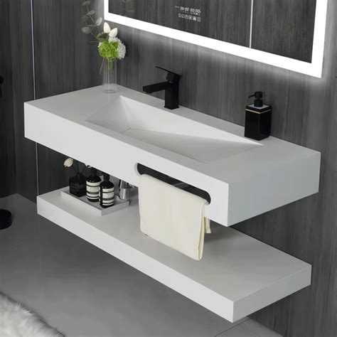 GESIPOR X Wall Mount Stone Resin Bathroom Sink With Shelf Layer