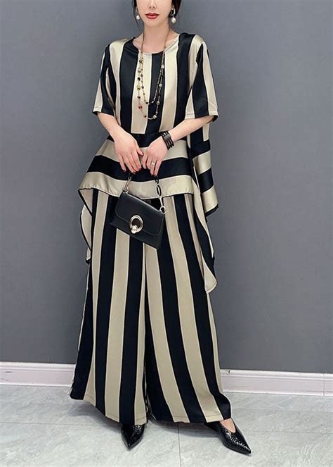 Boho Colorblock Asymmetrical Patchwork Striped Chiffon Two Piece Set S