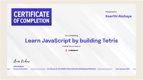Keerthi Akshayas Certification For Learn Javascript By Building Tetris Codedamn
