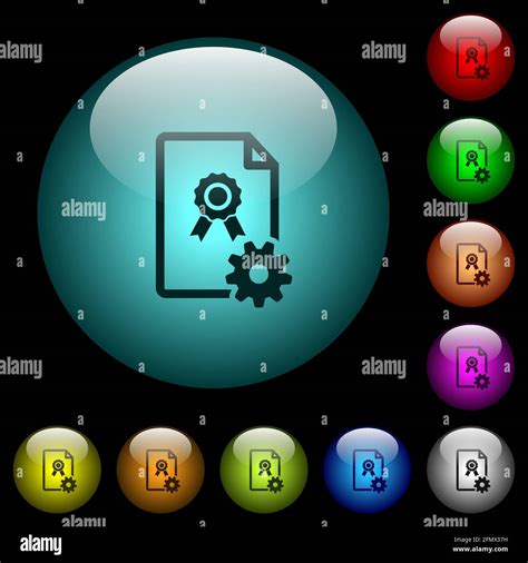 Generating Certificate Icons In Color Illuminated Spherical Glass Buttons On Black Background