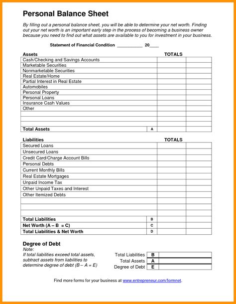 Personal Balance Sheet Example 6 Band Ible Within Personal Balance Sheet Template Db Excel Com
