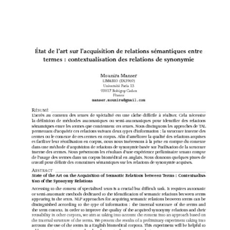 État De Lart Sur Lacquisition De Relations Sémantiques Entre Termes Contextualisation Des