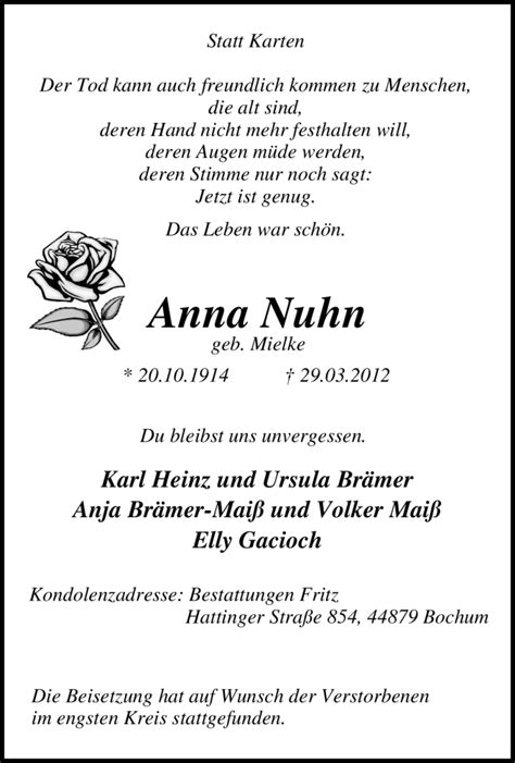 Traueranzeigen Von Anna Nuhn Trauer In Nrw De