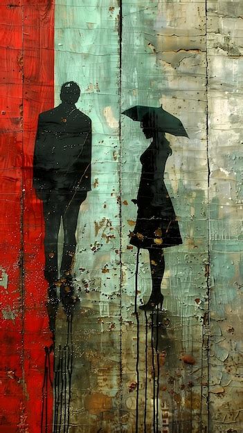 Premium Photo Couple Walking Rain Umbrella Metal Cladding Wall Olive