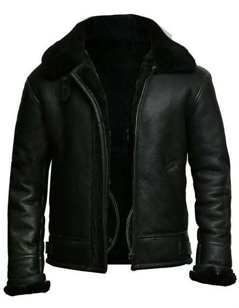 Mens Lambskin Black Leather Jacket Handmade Shearling Faux Fur Collar