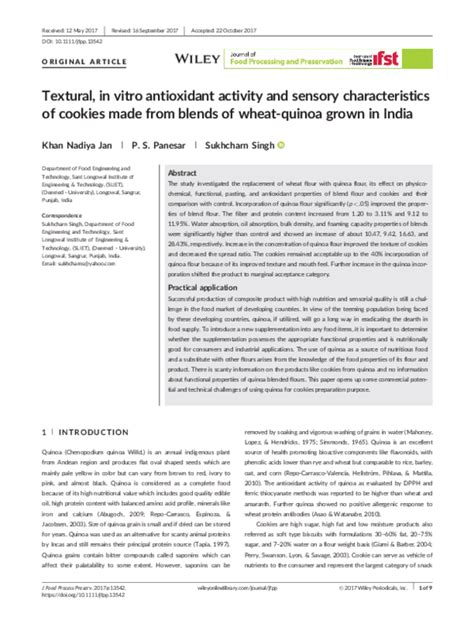 Pdf Textural In Vitro Antioxidant Activity And Sensory Characteristics Of Cookies Made From
