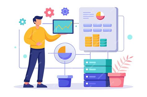 Premium Vector A Man Stands In Front Of A Big Screen Analyzing A Data Storage Graph Man