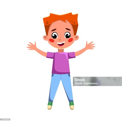 빨간 머리 소년 행복 하 게 뻗은 다리와 점프 귀여운 유치원 아이 재미 휴일을 축 하 스포츠 만화 스타일 벡터 일러스트를 하 고 가공의 인물에 대한 스톡 벡터 아트 및 기타