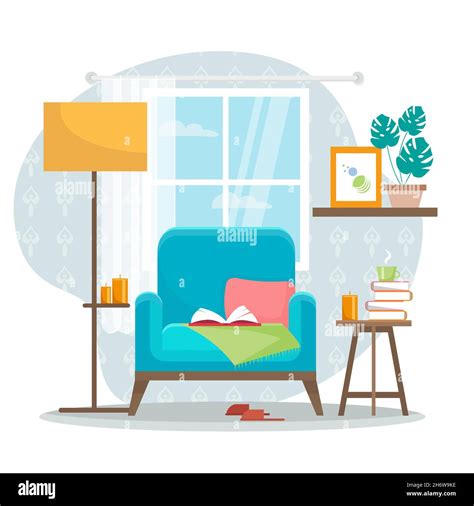 Chair In Livingroom With Table Books And Window Vector Illustration