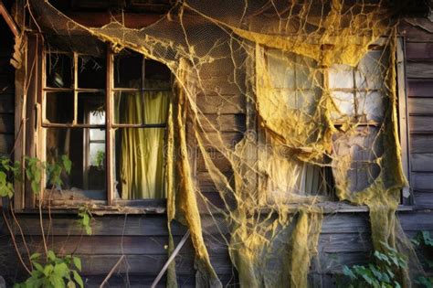 A Broken Cobweb Filled Window In An Old House Stock Illustration