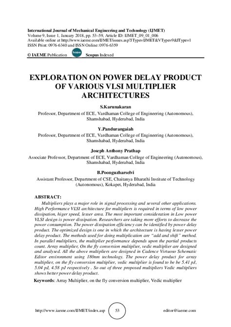 Pdf Exploration On Power Delay Product Of Various Vlsi Multiplier Architectures Iaeme