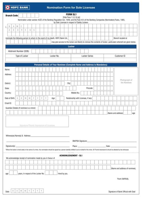 Hdfc Bank Nomination Form For Sole Licensee In Pdf Download