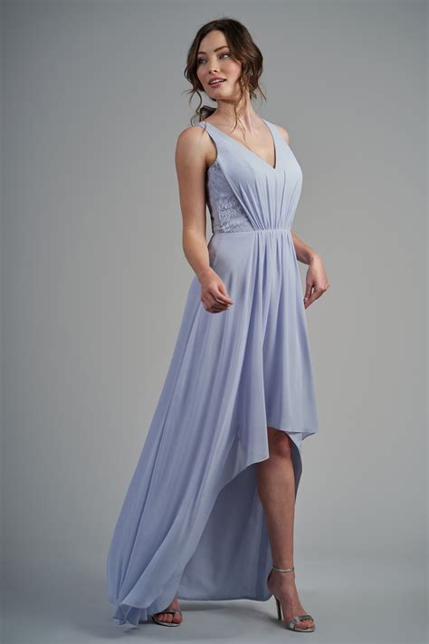 B213015 Poly Chiffon And Lace High Low Bridesmaid Dress With V Neckline