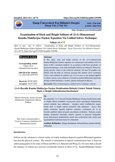 Pdf Examination Of Dark And Bright Solitons Of 21 Dimensional Kundu Mukherjee Naskar