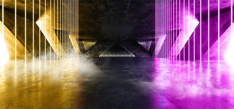 연기 안개 공상 과학 Fi 형광 활기찬 네온 거 대 한 어두운 시멘트 콘크리트 그 다음 지 하 차고 반사 외계인 우주선 미래 아치 3d 렌더링에 보라색 오렌지 핑크 빛