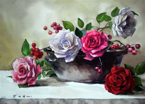 허미영 정물수채화 장미가 있는 정물 5136 종이 위에 수채화 2011 네이버 블로그