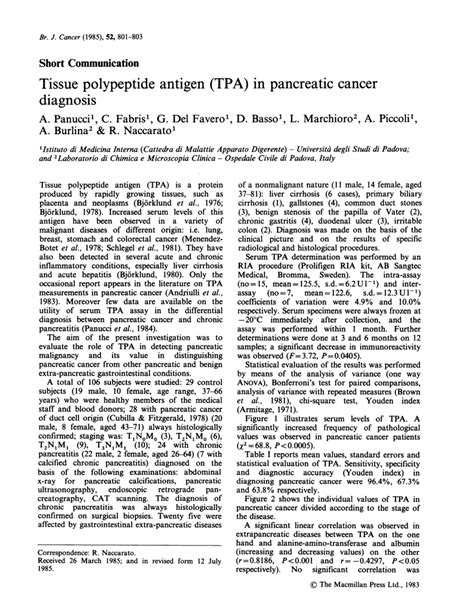 Pdf Tissue Polypeptide Antigen Tpa In Pancreatic Cancer Diagnosis