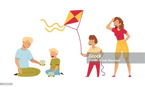 함께 시간을 보내는 가족 구성원이 있습니다 장난감과 연을 노는 부모와 아이들은 야외 벡터 일러스트 레이 션 가족에 대한 스톡 벡터 아트 및 기타 이미지 Istock