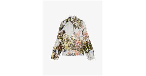 Ted Baker Luuciaa High Neck Floral Print Linen Blouse In White Lyst
