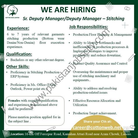 Cotton Web Limited Jobs Sr Deputy Manager Deputy Manager Stitching